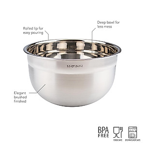 Tovolo Stainless Steel Mixing Bowl (5.5 Quart) - Kitchen & Home Essential for Food Storage, Serving, Salad, Food Prep, Baking, & Cooking / Dishwasher Safe