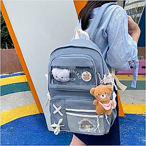 NUFR Kawaii Backpack With Kawaii Pin Kawaii Pendent Bear Kawaii Sticker Kawaii Bag Cute Mesh Lace (Blue)