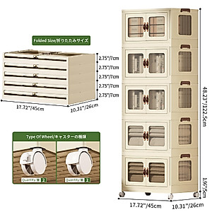 villertech Stackable Storage Bins 30 Qt, Folding Storage Bins with Lids and Doors, Open Front Folding Storage Box with Wheels Plastic Storage Containers Closet Organizers (5 Tier)
