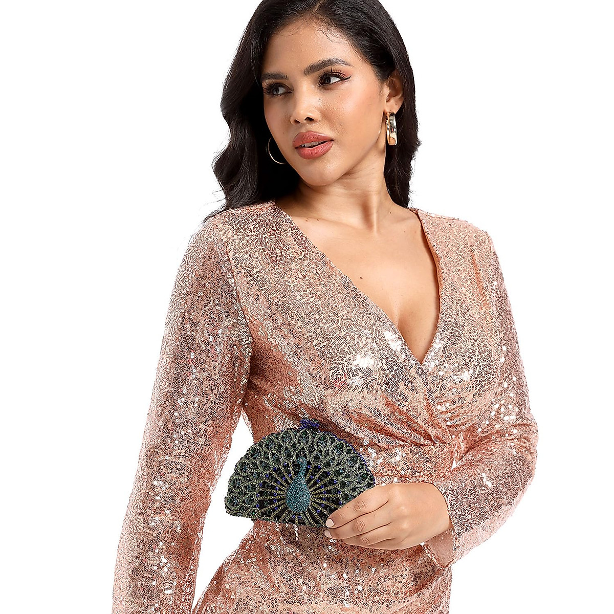 Boutique De FGG Peacock Crystal Clutch Bag Women Formal Evening Handbags Bridal Wedding Rhinestone Clutch Purse Party Bag, Mini, Light Blue