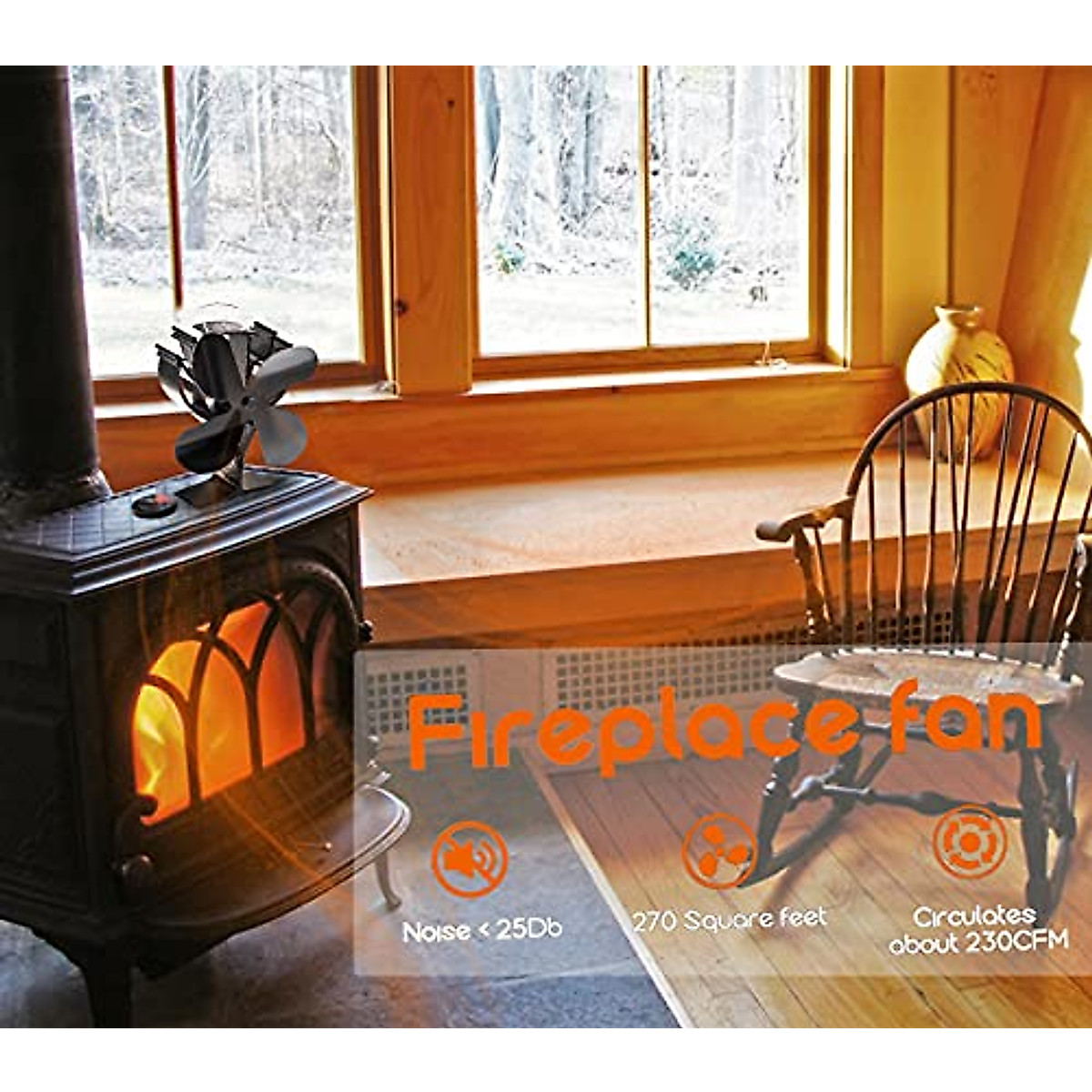 HAWCAFU Wood Stove Fan Heat Powered Stove Fan Fireplace Fan Log Burner Fan with Thermometer for Gas/Pellet/Log/Wood Buring Stove