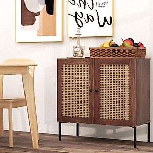 Giantex Buffet Cabinet, Wood Sideboard Storage Cabinet with Rattan Door, 3-Position Adjustable Shelf, Freestanding Coffee Bar Accent Furniture, Kitchen Cupboard Organizer for Living Room Hallway