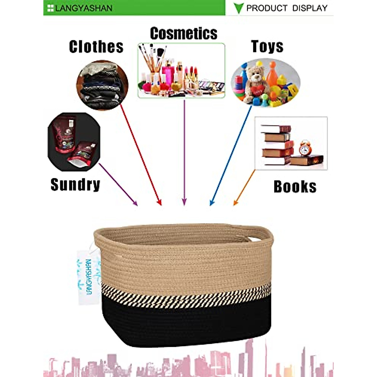 LANGYASHAN Rectangular Woven Rope Basket Decorative Blanket Basket for Living Room Storage or Nursery Laundry Hamper Basket with Handles Laundry Basket (Black Invisible Handle)