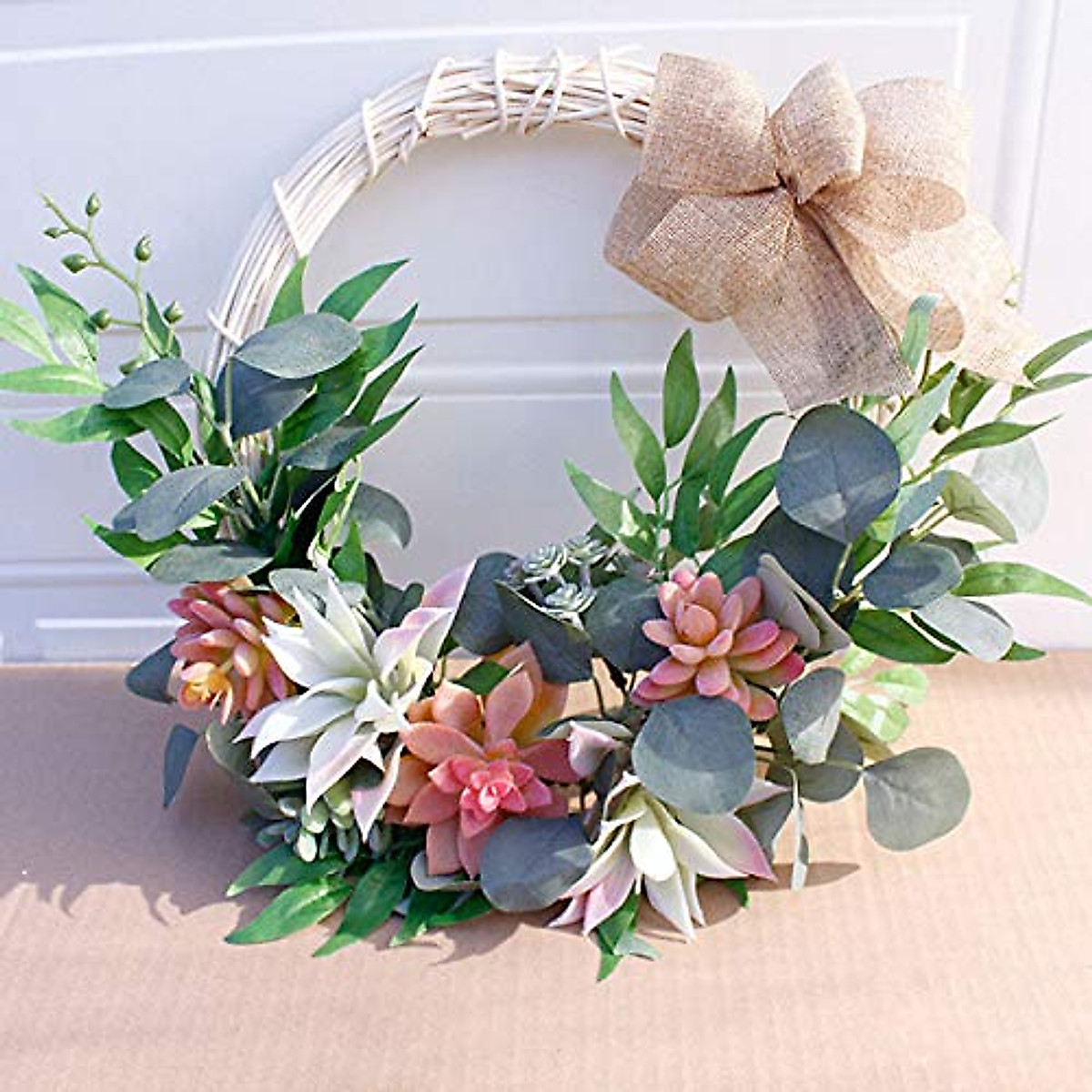 SYLOTS Artificial Succulent Wreath Door with Knotted Bow, Lrnn Fake Leaves Wreath Succulent Plants Hanging Wall Window Party Decoration for The Front Door, Home Decor in Summer and Fall, Weddings