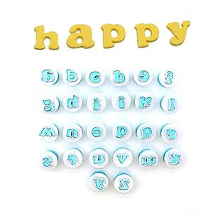 Small Letter Stamp Cookie Cutters Set of 26 pcs, Mini Lowercase Alphabet Spring Stamping Cutters Food Grade Plastic Direct Embossing Fondant Stamper Set for Cake Pastry Baking DIY (White & Blue)