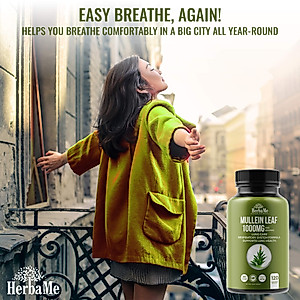 HerbaMe Mullein Leaf 1000mg, 120 Capsules, Lung Detox for Smokers, Lung Cleanse Supplement, Supports Respiratory Function Health, Promotes Mucous Membranes | Ear Health, Mucus Relief Herbal Pills