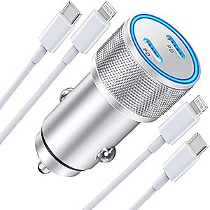 [Apple MFi Certified] iPhone Fast Car Charger, Linocell 60W Dual USB C Power Delivery All Metal Rapid Car Charger Adapter with 2Pack Type C to Lightning Cord Quick Car Charging for iPhone/iPad/Airpods