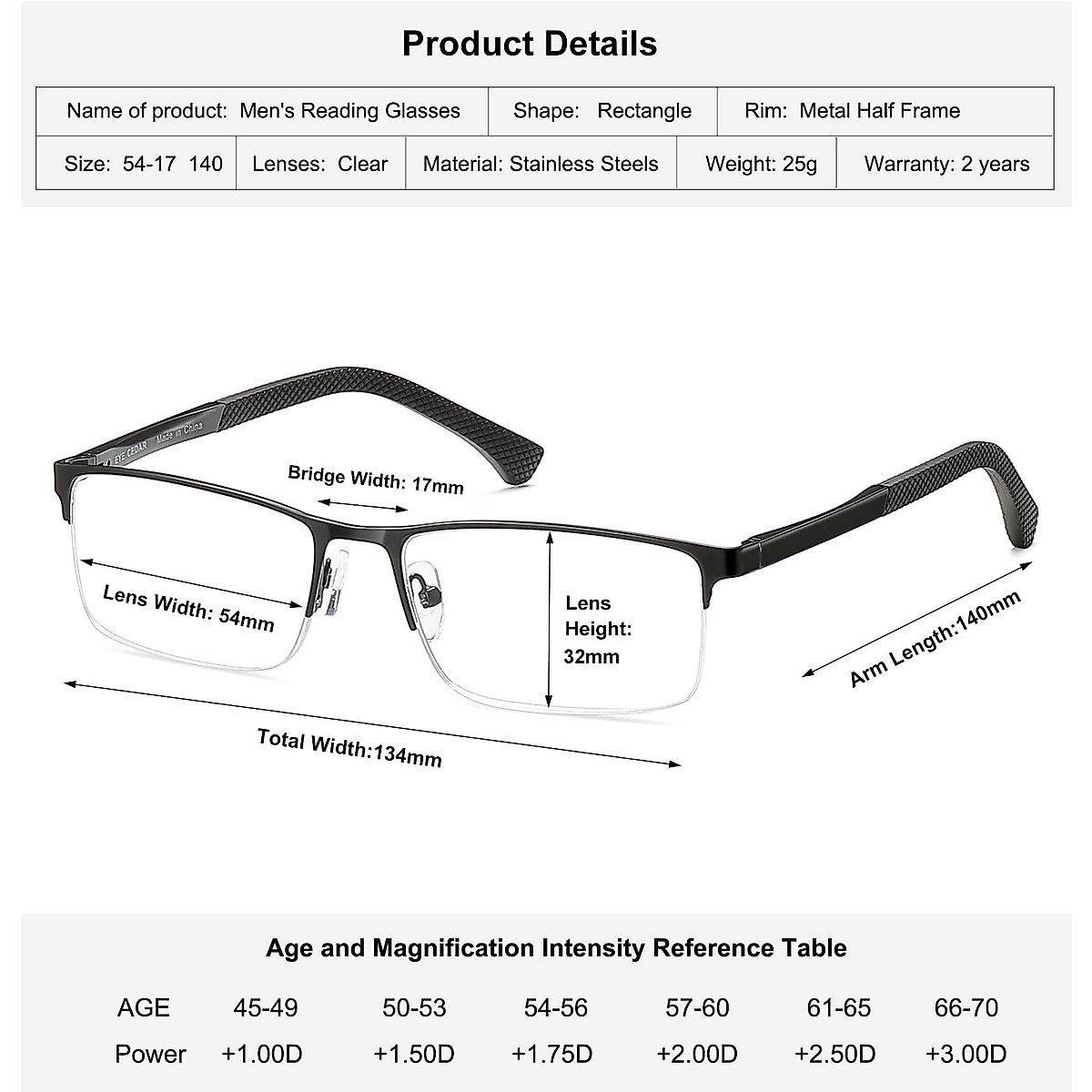 EYECEDAR 5-Pack Reading Glasses Men Metal Half Frame Spring Hinges Eyeglasses Readers for Men 2.00