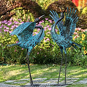 Natelf Garden Crane Sculptures & Statues, Blue Heron Decor Outdoor Large Bird Yard Art, Standing Metal Heron Lawn Ornaments for Home Patio Porch Backyard Decorations(Set of 2)