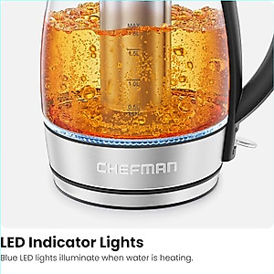 Chefman Electric Glass Kettle LED Indicator Lights, 360 deg Swivel Base, BPA Free, Stainless Steel, 1.8 Liters