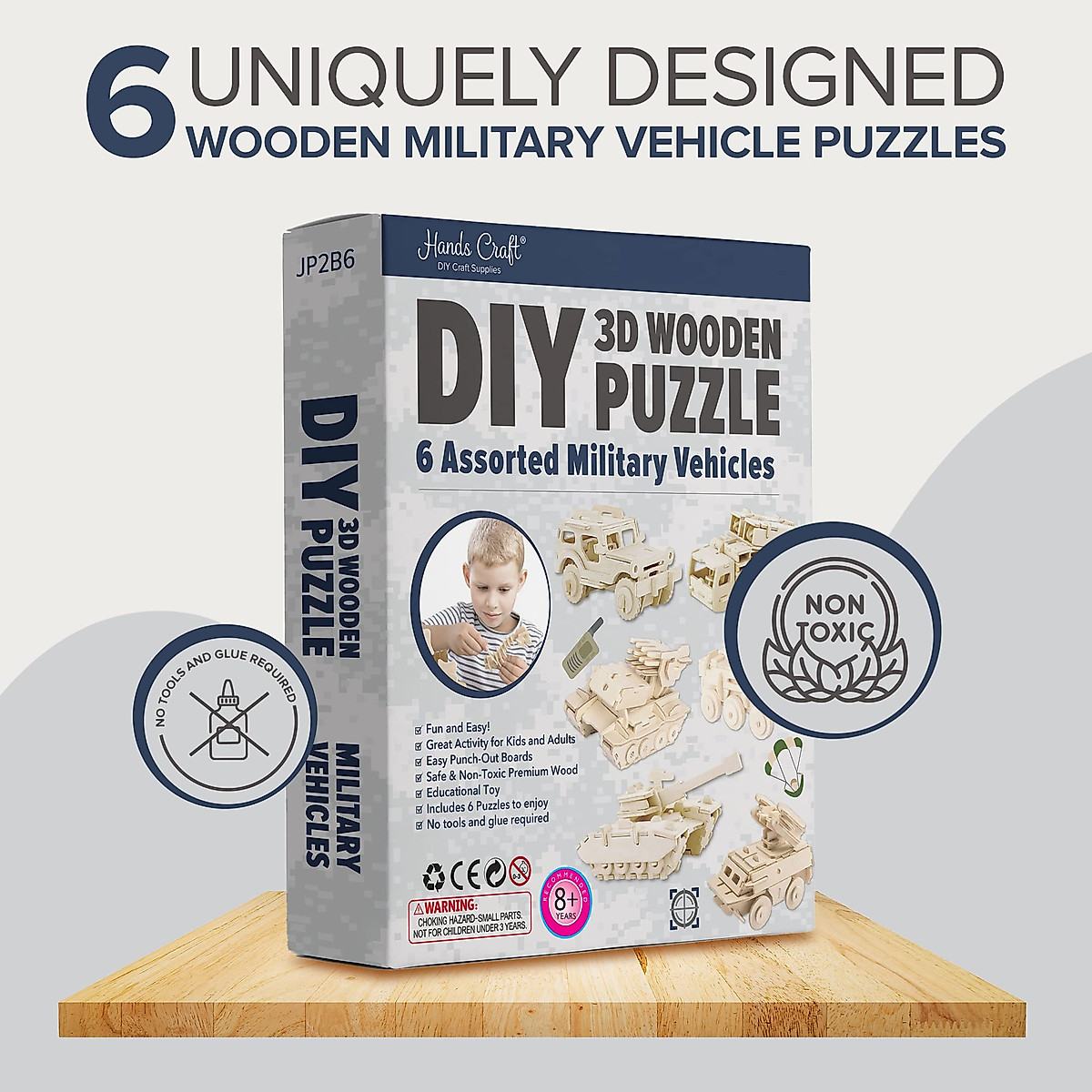 Hands Craft DIY 3D Wooden Puzzle – 6 Assorted Military Vehicles Bundle Pack Set Brain Teaser Puzzles Educational STEM Toy Adults and Kids to Build Safe and Non-Toxic Easy Punch Out Premium Wood JP2B6