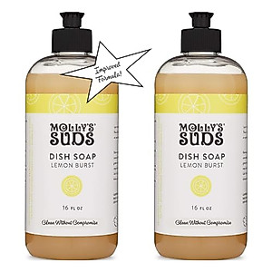 Molly's Suds Natural Liquid Dish Soap | Long-Lasting, Powerful Plant-Powered Ingedients | Herbal Lemon Scent | 16 oz - 2 Pack