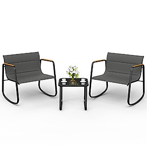 Amopatio Outdoor Table and Chair Set 3 Piece, Patio Rocking Chairs, Breathable Textilene Fabric Patio Furniture Set for Porch, Poolside, Deck, Outdoor Terrace, Balcony, Garden, Dark Grey