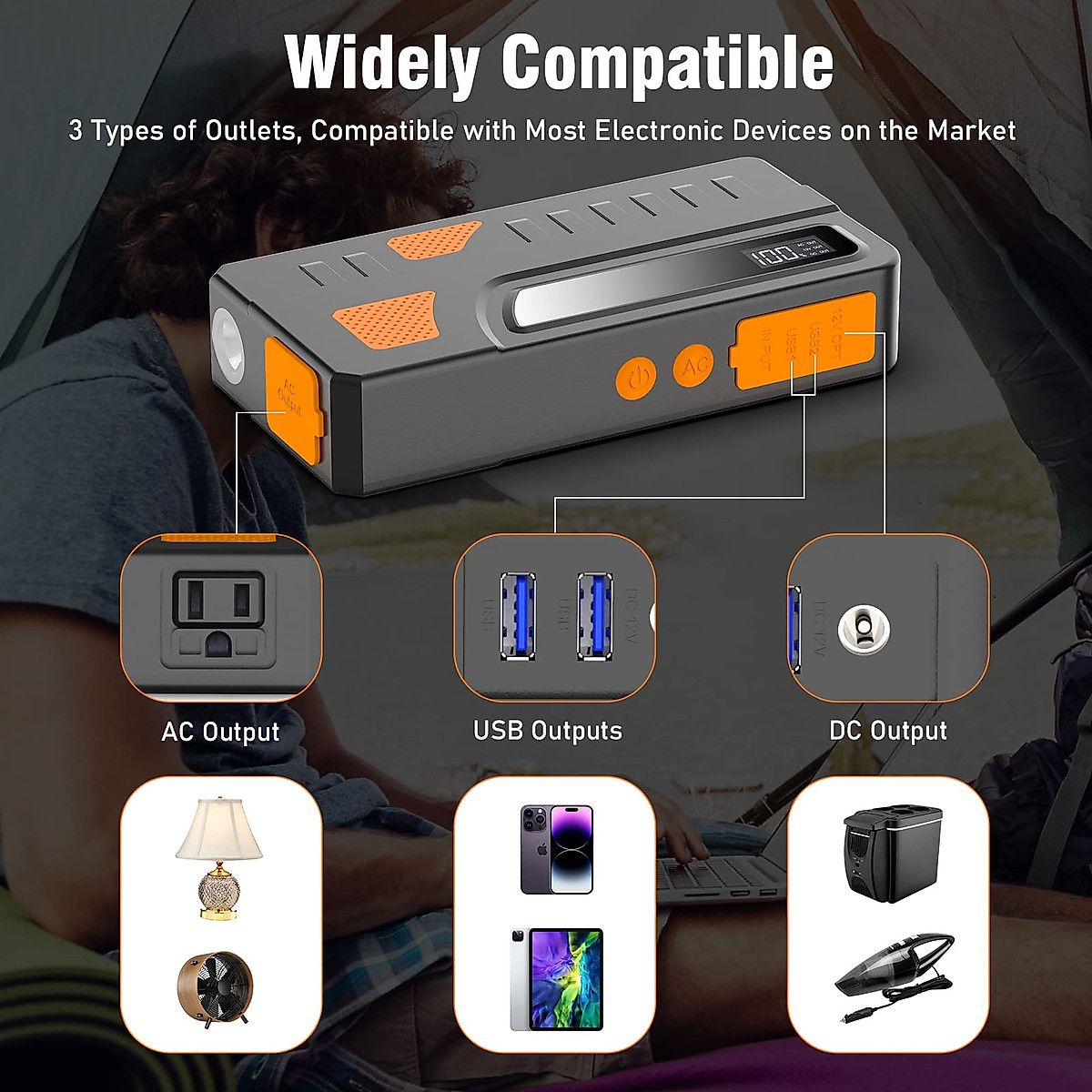 BooKoo Portable Charger Power Bank 66000mWh with Car Jump Starter and 110V AC Outlet, Phone Battery Power Bank with LED Light for 12V Car (8L Gas or 6.5L Diesel) Home Outdoor and Camping