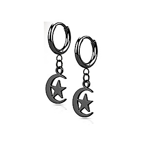 Pierced Owl 18GA Hinged Hoops with Crescent Moon and Star Dangle 316L Surgical Stainless Steel Hoop Earrings, Sold as a Pair (Black)