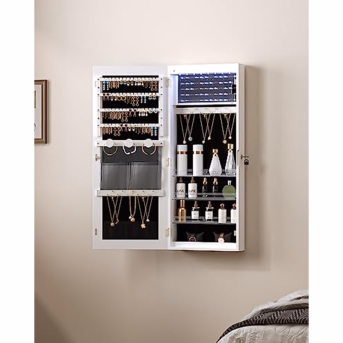 Hzuaneri 8 LEDs Mirror Jewelry Cabinet, 35.4-inch Jewelry Armoire Organizer, Wall/Door Mount Lockable Storage Cabinet with 4 Earrings Shelves, 2 Makeup Pockets, White and Black JC9003B