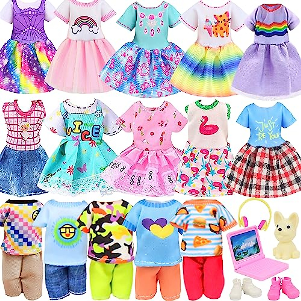 UNICORN ELEMENT 11 Packs 5.3 Inch - 6 Inch Girl Doll Clothes and Accessories, 3 Dresses, 3 Boy Doll Outfits (3 T-Shirt, 3 Pants), 2 Shoes, 1 Headset 1 Toy Dog 1 Computer(NO Doll)