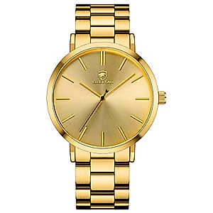 GOLDEN HOUR Men's Watches Slim Minimalist Runway Gold Plated Stainless Steel Quartz Analog Watch with Black Hands