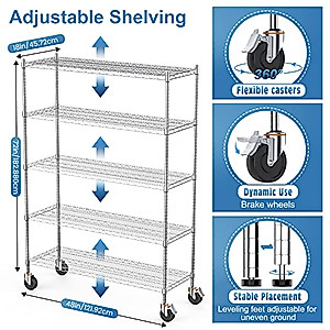 Luxspire Wire Shelving with Wheels,3000LB Heavy Duty Commercial-Grade Adjustable Storage Shelves, NSF-Certified Metal Shelving Utility Rack, Kitchen Garage Basement Shelf,5-Tier 48x18x72 in, Chrome