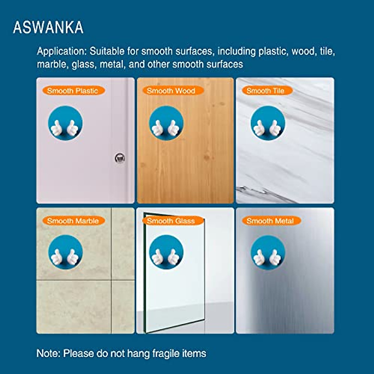 ASWANKA Utility Wall Hooks, Plug Storage Hooks, Damage Free Adhesive Wall Hooks for Hanging, Wall Hangers Without Nails for Hanging in Living Spaces, Kitchen, Bathroom, 6pcs Mixed