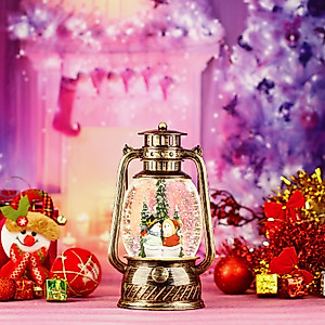 Christmas Snow Globes with Two Cute Snowman, Kikth Snowglobes Christmas Lantern Glitter Lighted for Christmas Decorations and Gift, Bronze