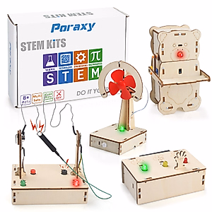 Poraxy STEM Science Kits for Kids Ages 8-12, 4 in 1 Robotics Engineering Starter Kit with Sensors, Wooden 3D Puzzles Building Kits, Smart Robot Toys, Gifts for 8 9 10 11 12 13 Year Old Boys and Girls