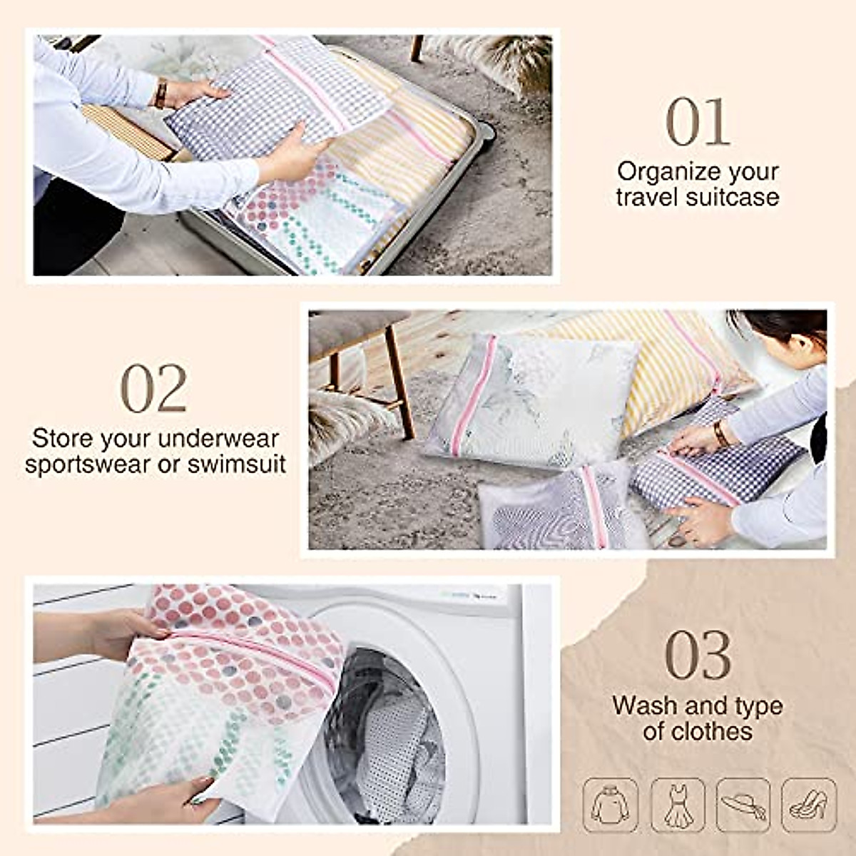 Greenstell Laundry Hamper with Wheels&Lid, 125L Large 3 Sections Clothes Hamper with 2 Removable Liner Bags, 5 Mesh Laundry Bags, Handwoven Divided Laundry Basket Gray