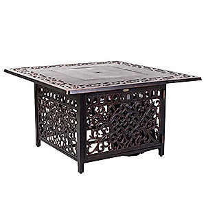 Fire Sense 62527 Sedona Aluminum Convertible Gas Fire Pit Table 55,000 BTU Outdoor Multi-Functional Fire Pit with Fire Bowl Lid, Nylon Weather Cover & Clear Fire Glass - Bronze Finish - Square