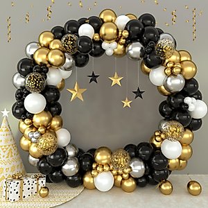 159PCS Black Gold Balloon Arch Garland Kit - Metallic Gold Silver Confetti Latex Balloons for 2024 Graduation Decorations Anniversary Birthday Party Decorations