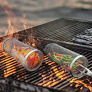 Rolling Grill Basket - Stainless Steel Barbecue Cooking Grill Grate - Outdoor Round BBQ Campfire Grill Grid - Camping Picnic Cookware BBQ Grill Grate