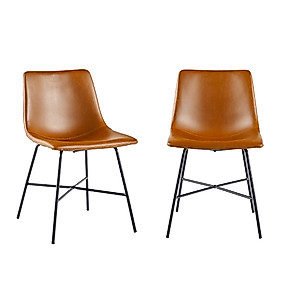 Walker Edison Mid-Century Modern Upholstered Dining Chair with Metal X Base, Set of 2, Whiskey Brown