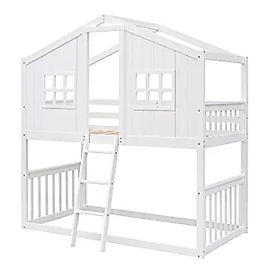 Merax Twin Over Twin House Bunk Bed with Ladder, Twin Wood Bed Frame with Roof Design, Bunk Bed for Teens, Boys and Girls, White