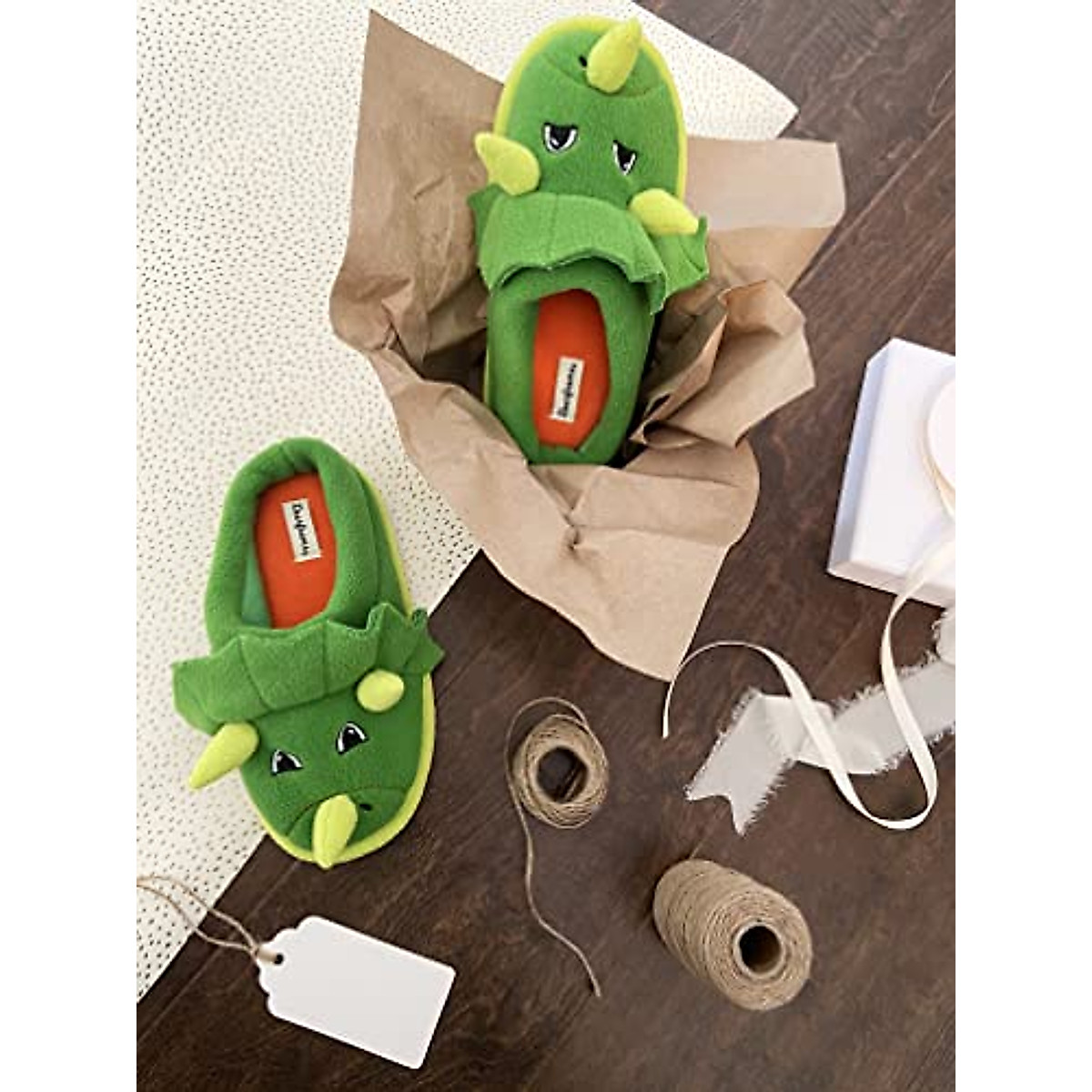 Dearfoams Easter Basket Stuffers Gifts for Kids Washable Animal Critter Slippers, Green Dinosaur, 4-5 Big Kid