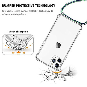 YESPURE Crossbody Case for iPhone 11 Pro,Transparent Soft Slim TPU Case for iPhone 11 Pro Clear Anti-Yellowing Shockproof Phone Case with Adjustable Neck Cord Lanyard Strap - Green-Blue-White