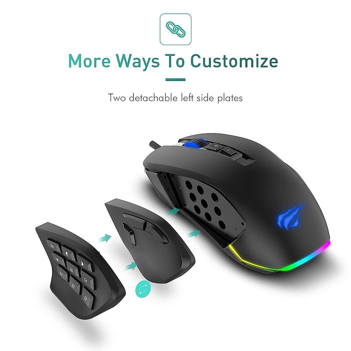 Havit Gaming Mouse Computer Ergonomic Wired Mice with 14 Programmable Buttons Interchangeable Side Plates (8 Buttons/ 8+6 Side Buttons), 2 Replaceable Right Plates for Laptop PC Gamer (Renewed)