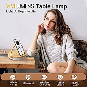 Vivilumens Bedside Lamps with Wireless Charger for Bedroom, Touch Modern 3 Level Dimmable Table Lamp with White Noise Sound Machine, Bluetooth Speaker, Birthday Gifts for Women Who Have Everything