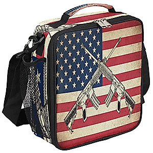 American Flag Insulated Lunch Bag for Kids, USA Flag Lunch Box Reusable Cooler Lunch Tote Bag with Shoulder Strap for School Travel Picnic