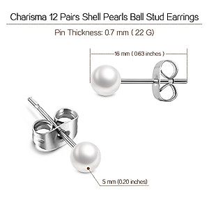 Charisma 5mm Composite Pearl Earrings Round Ball Pearls Stud Earrings Hypoallergenic 12 Pairs Imitation Pearl Earrings Set for Women