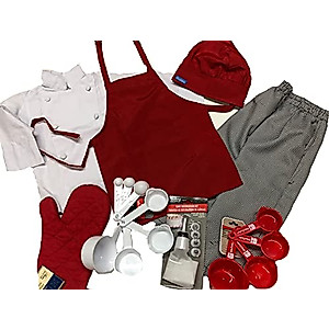 CHEFSKIN Children CHEF Set JACKET+ APRON+ HAT+ PANTS+ NAME Choose Color (not a Toy, Real Uniform XS (3-5 years old))