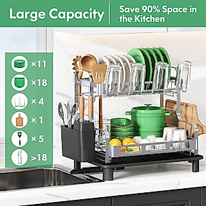 romision Stainless Steel Dish Drying Rack, Dish Racks for Kitchen Counter, Two Tier Dish Drainers with Cutlery Holder and Cup Rack, Large Dish Dryer Rack for Saving Space, Grey