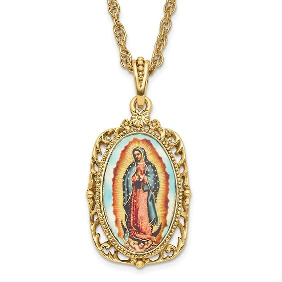 Solid Yellow Gold-tone Enameled Virgin Mary Our Lady of Guadalupe 24 inch Pendant Necklace Charm Chain - with Secure Lobster Lock Clasp 24" (Width = 25mm) - Jewelry Gifts For Women or Men