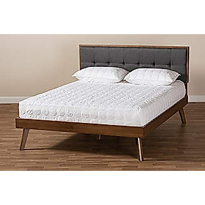Baxton Studio Alke Mid-Century Modern Dark Grey Fabric Upholstered Walnut Brown Finished Wood Queen Size Platform Bed