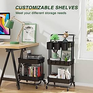 3-Tier Rolling Mobile Utility Cart with Hanging Cups & Hooks & Handle Multifunctional Organizer Storage Trolley Service Cart with Wheels Easy Assembly for Office, Bathroom, Kitchen (Black)