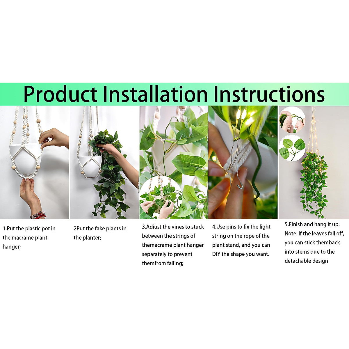 Fake Hanging Plants with Lights Artificial Plants for Home Decor Macrame Plant Hanger with Fake Vines Faux Hanging Planter for Wall Ceiling Bedroom Bathroom Kitchen Office Boho Decor Indoor