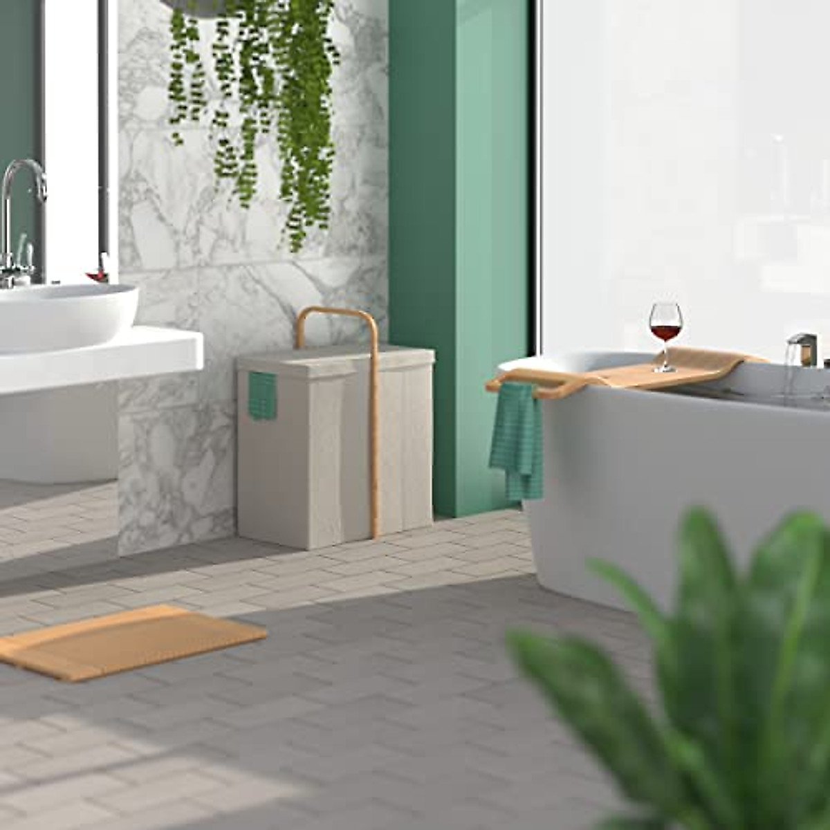 ClosetMaid Laundry Hamper Basket, Foldable with Lid, Two Compartments, Bamboo Handle, Portable, Collapsible Design, Freestanding, Beige