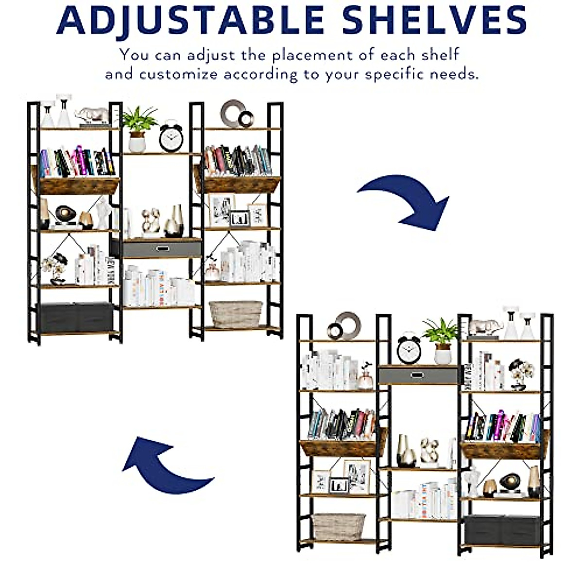 NUMENN Triple Wide 5 Tier Bookshelf, Adjustable Rustic Industrial Style Book Shelves, Modern Bookcases and Bookshelves Furniture for Bedroom, Living Room and Home Office, Vintage Brown