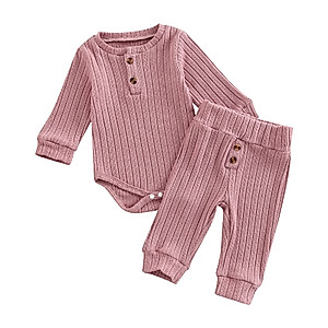 Newborn Baby Boy Girl Clothes Set Infant Ribbed Outfits Fall Winter Solid Color Romper with Elastic Long Pants 2Pcs (Pink, 12-18 Months)