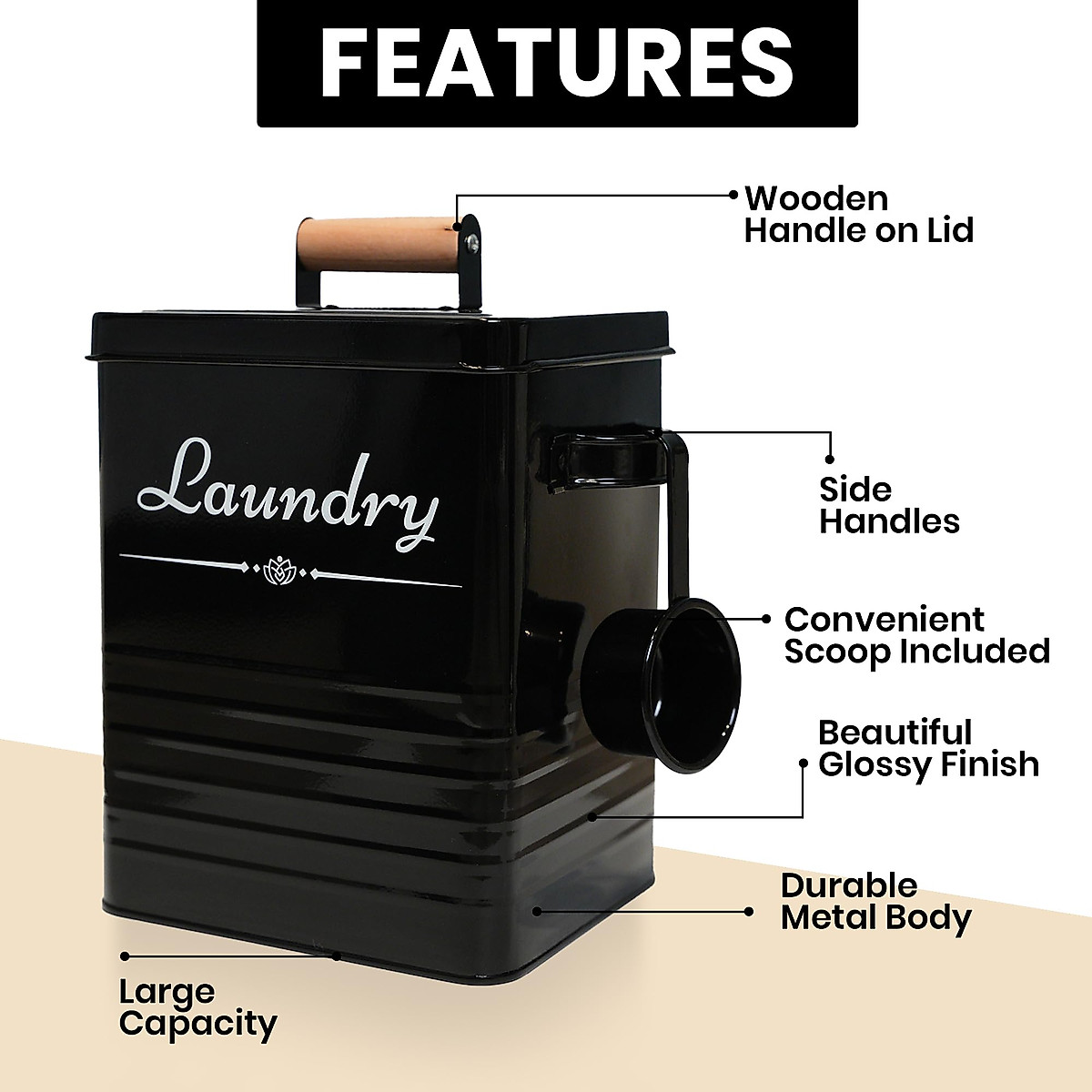 Farmhouse Metal Detergent Laundry Pods Container with Dryer Pod Sheet Holder for Laundry Room Organization and Storage with Scoop, Laundry Room Decor, Holds over 200 Laundry Pods and 300 Dryer Sheets