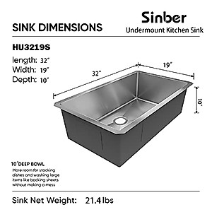 Sinber 32" x 19" x 10" Undermount Single Bowl Kitchen Sink with 18 Gauge 304 Stainless Steel Satin Finish HU3219S-S (Sink Only)