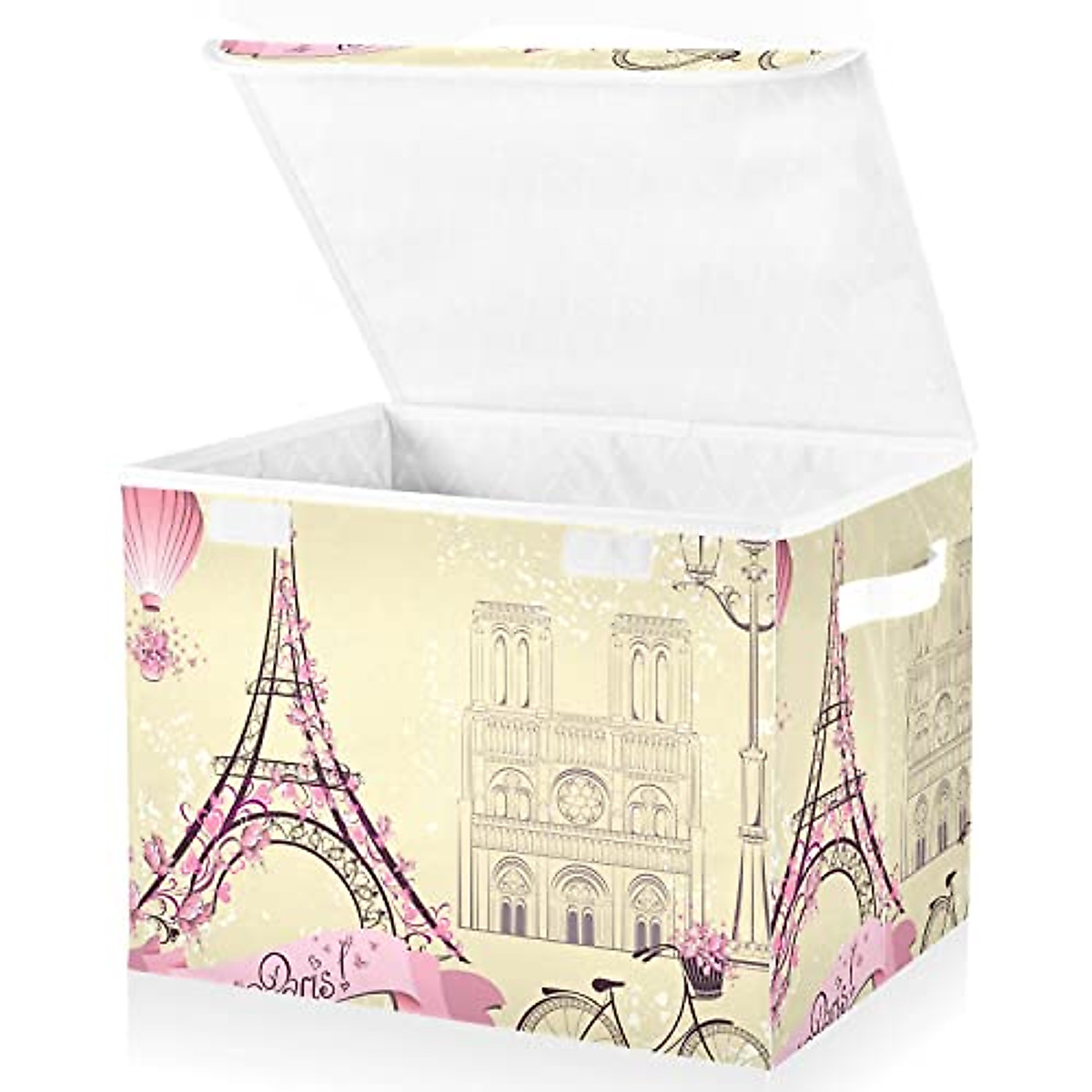WELLDAY Pink Romantic Paris Storage Baskets Foldable Cube Storage Bin with Lids and Handle, 16.5x12.6x11.8 In Storage Boxes for Toys, Shelves, Closet, Bedroom, Nursery